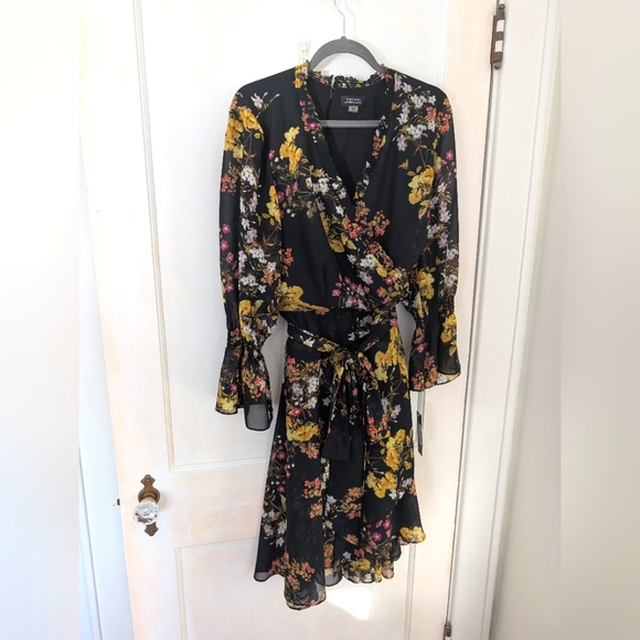Tahari | Dresses | Tahari Long Sleeve Black Dress With Gold Pink And ...